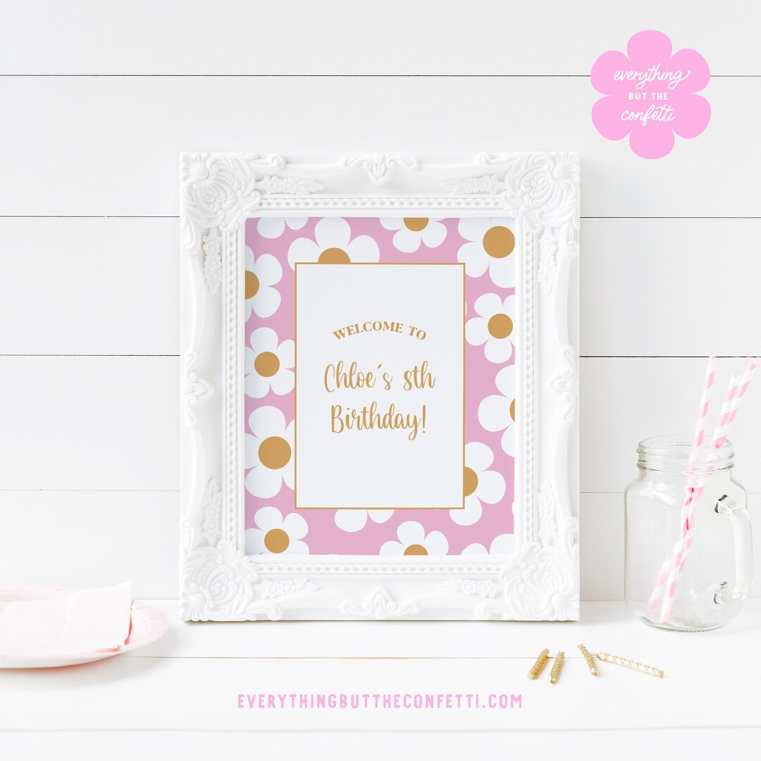 Daisies Editable Printable Party Sign Template, DIY Retro Boho Daisies ...