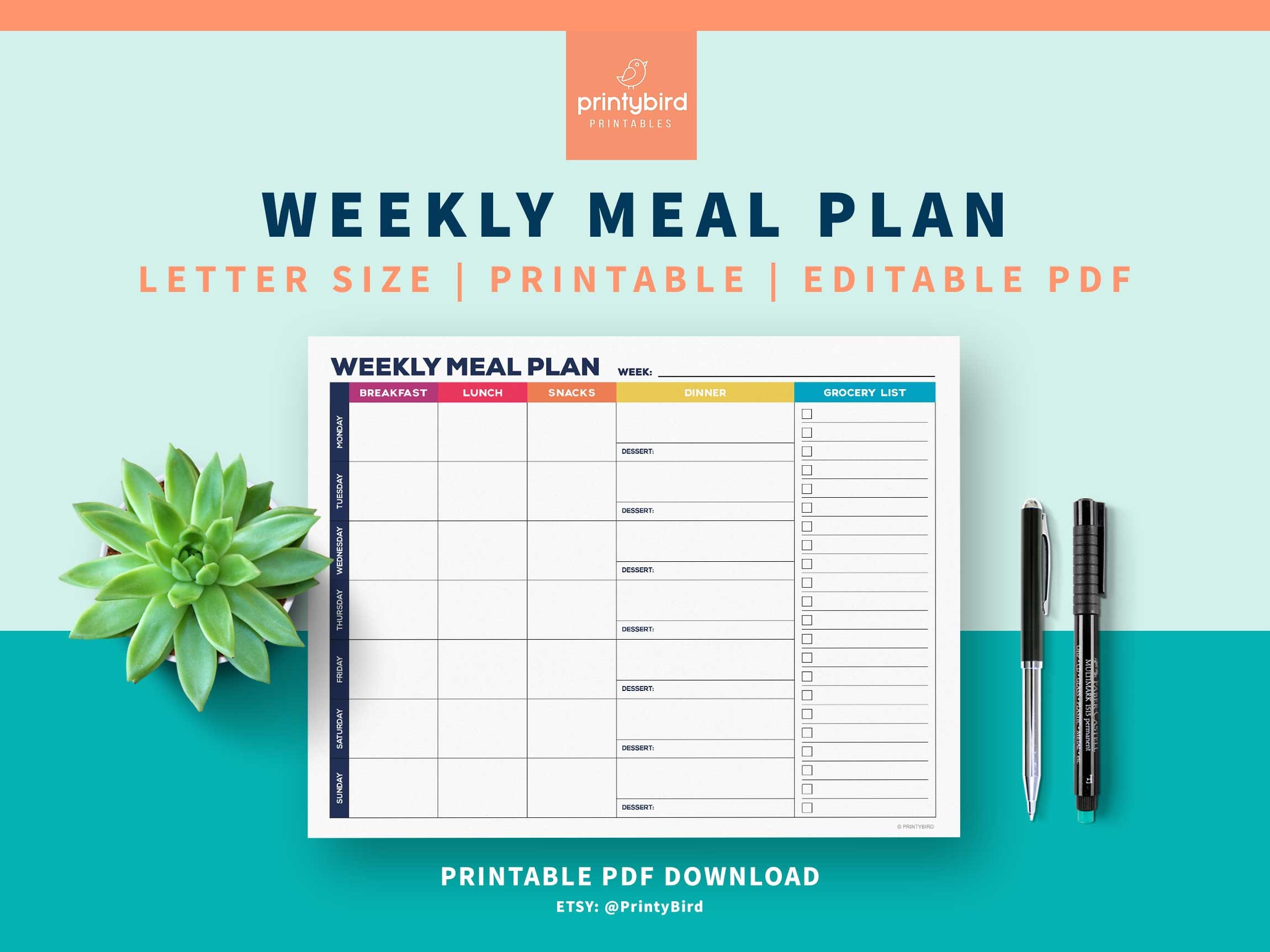 FILLABLE Meal Planner Printable With Grocery List, Printable Meal ...