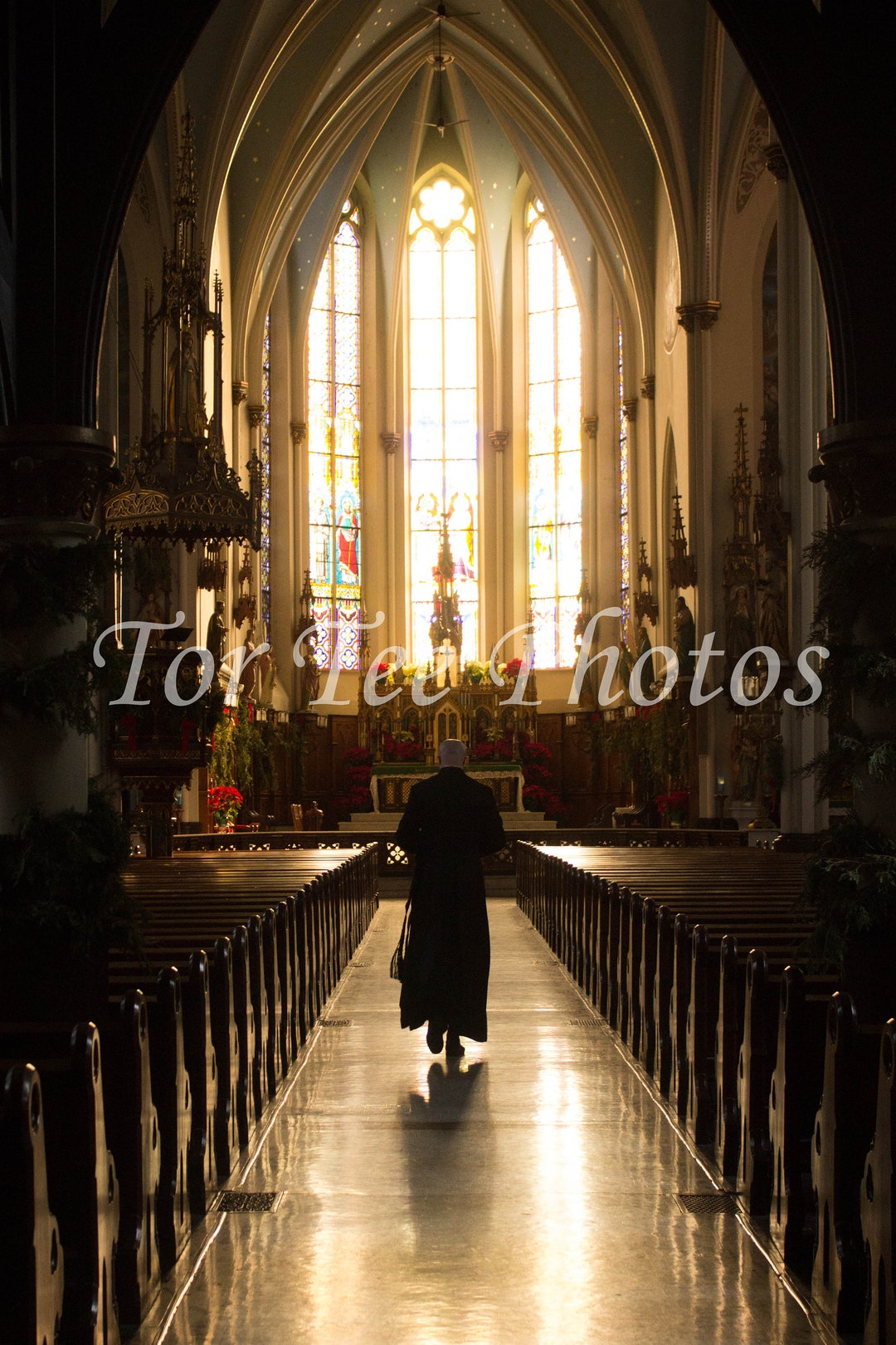 Canvas, Metal, or Standout Print: Priest Walking the Aisle of a Church ...