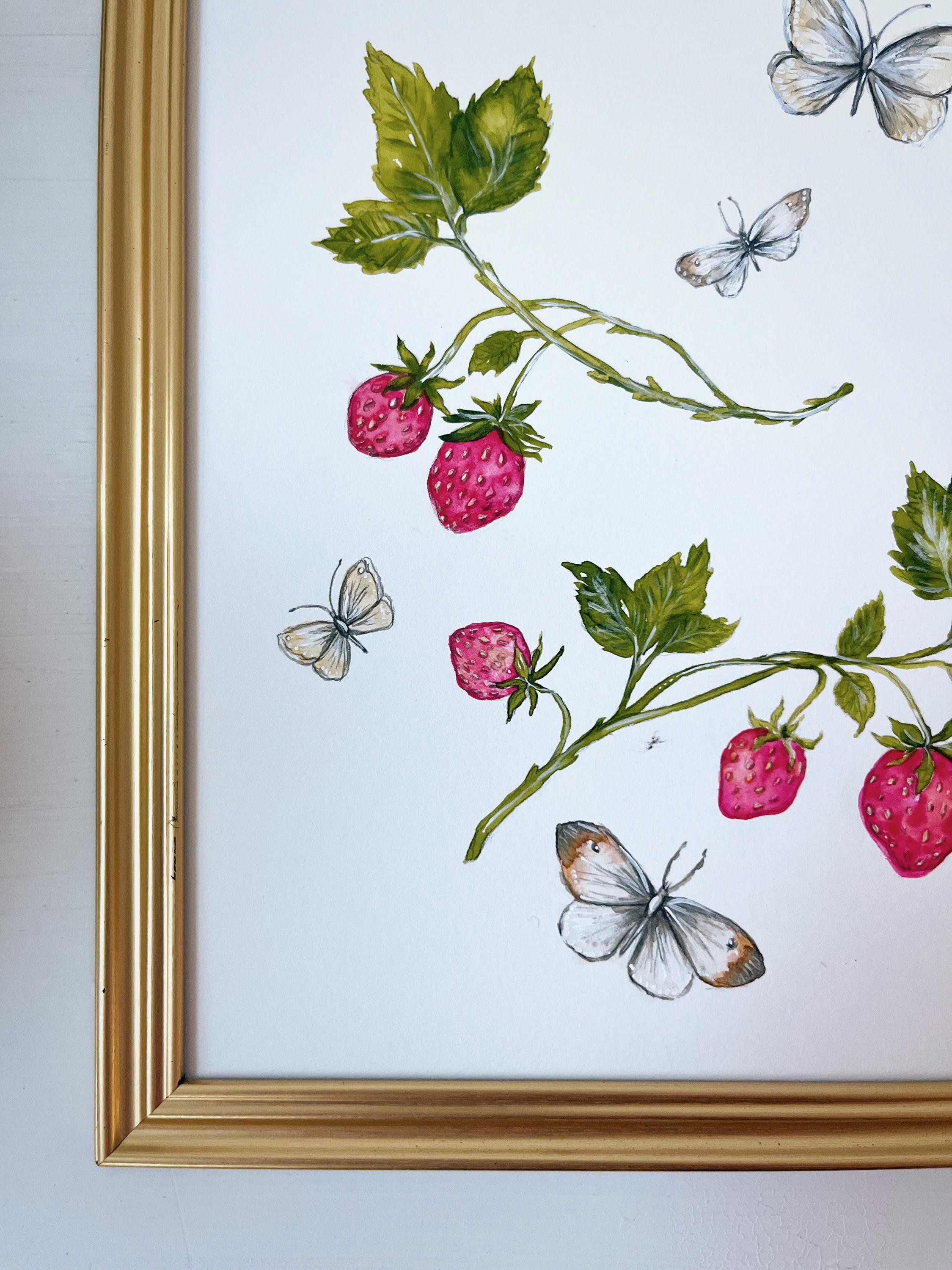 Strawberry & Butterflies Watercolor Painting, Original 8x10 Art - Etsy