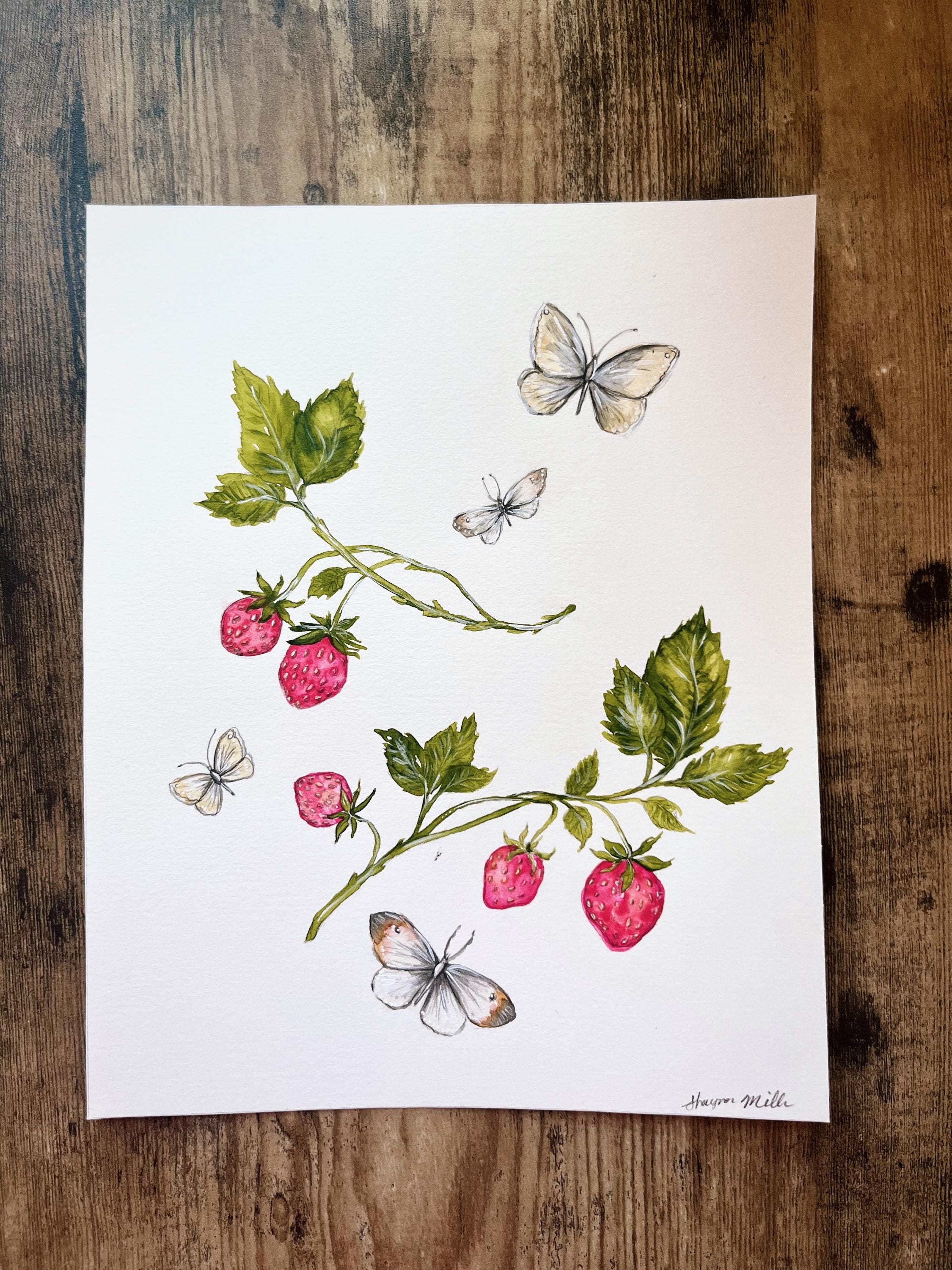 Strawberry & Butterflies Watercolor Painting, Original 8x10 Art - Etsy