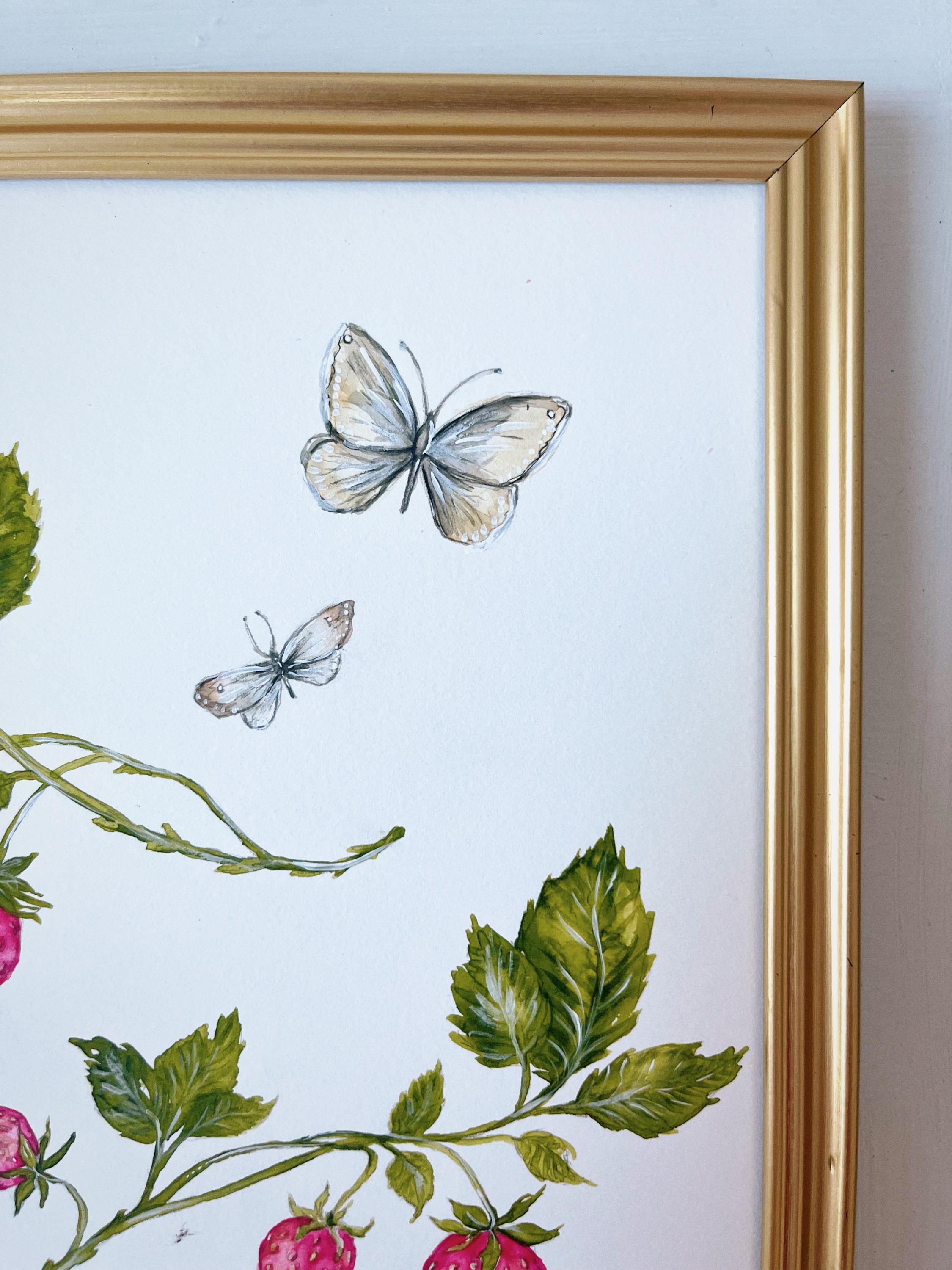 Strawberry & Butterflies Watercolor Painting, Original 8x10 Art - Etsy