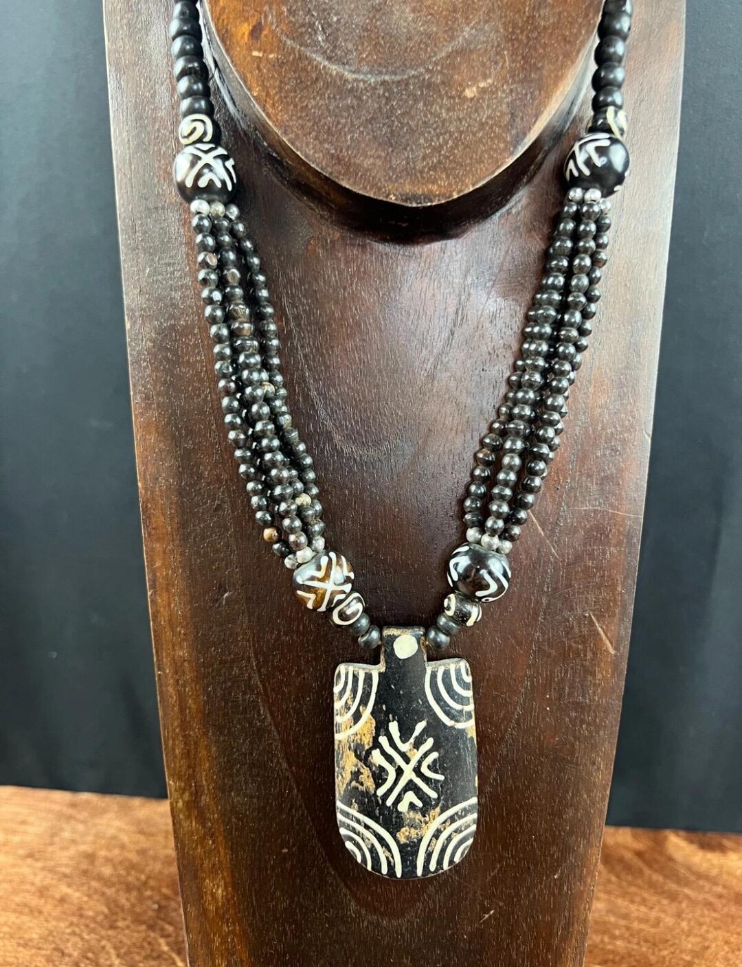 Vintage African Tribal Engraved Amulet Beaded Black White Necklace - Etsy