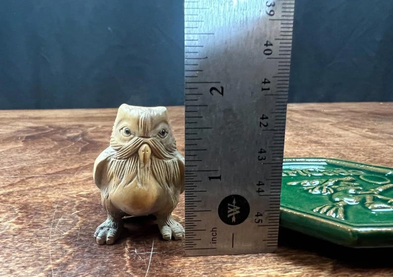 Vintage Netsuke Hand Carved Boxwood Owl Figurine Pendant Signed Artcade ...