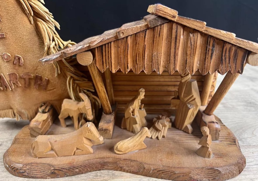 Vintage Hand Carved Wooden Nativity Set Leather Christmas Tree - Etsy