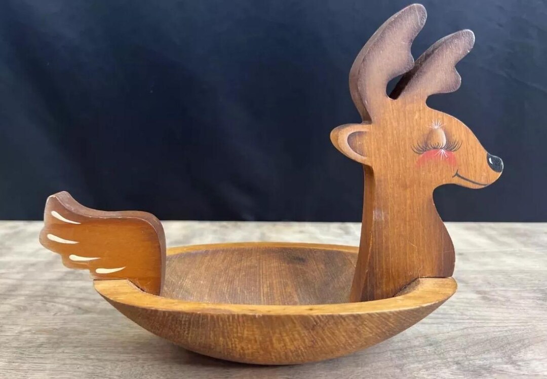 Vintage Wooden Christmas Reindeer Candy Nut Trinket Dish - Etsy