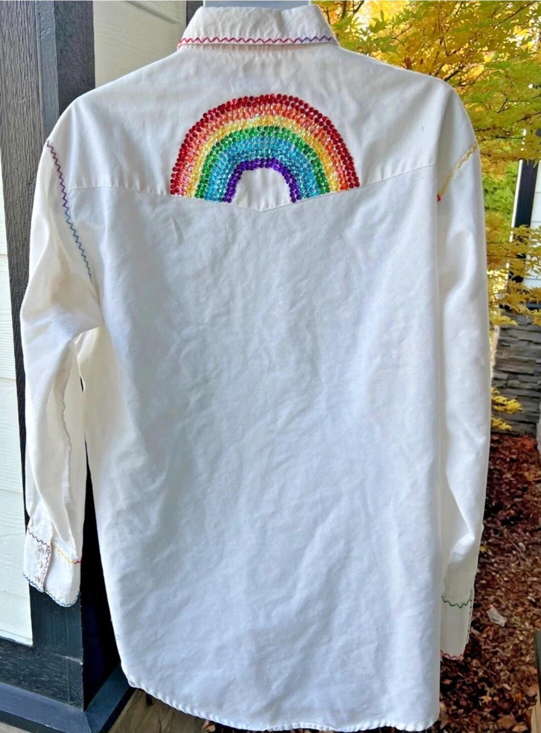 Vintage Western Sequin Rainbow Ric Rac Embroidered Pearl Snap Shirt XL ...