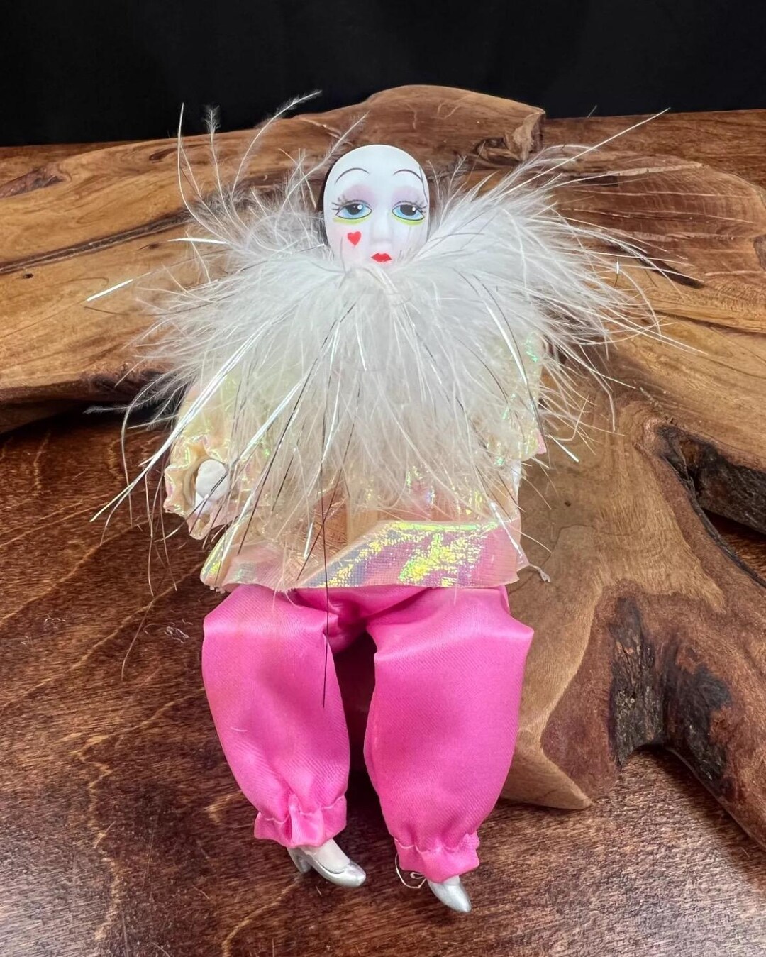 Mime Doll Wearing Pink & Feather Collar Porcelain Figurine 7" Vtg ...