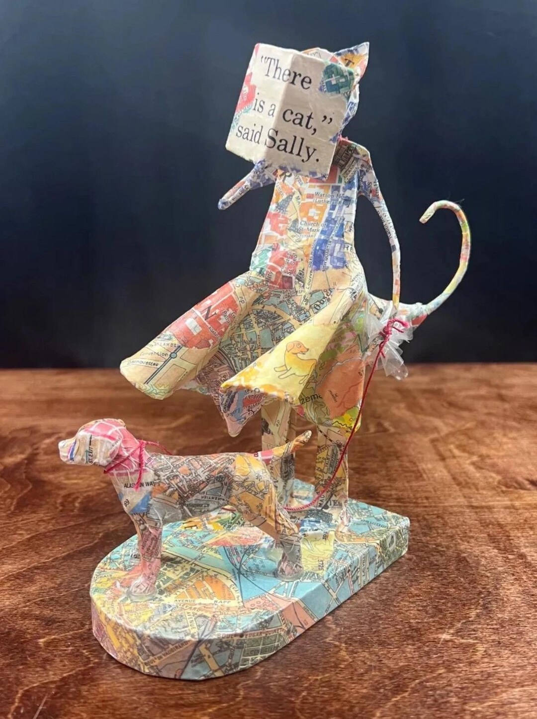 Paper Mache Maps Cat Walking Dog Figure - Etsy