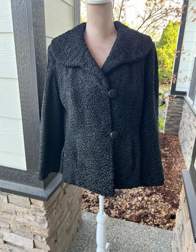Vintage Jet Black Curly Hair Lamb Plymouth Furs Collared Fur Jacket M ...