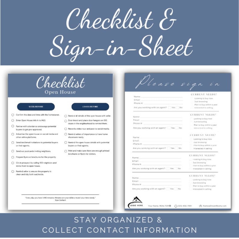 Open House Sign in Sheet and Checklist for Real Estate Checklist for ...