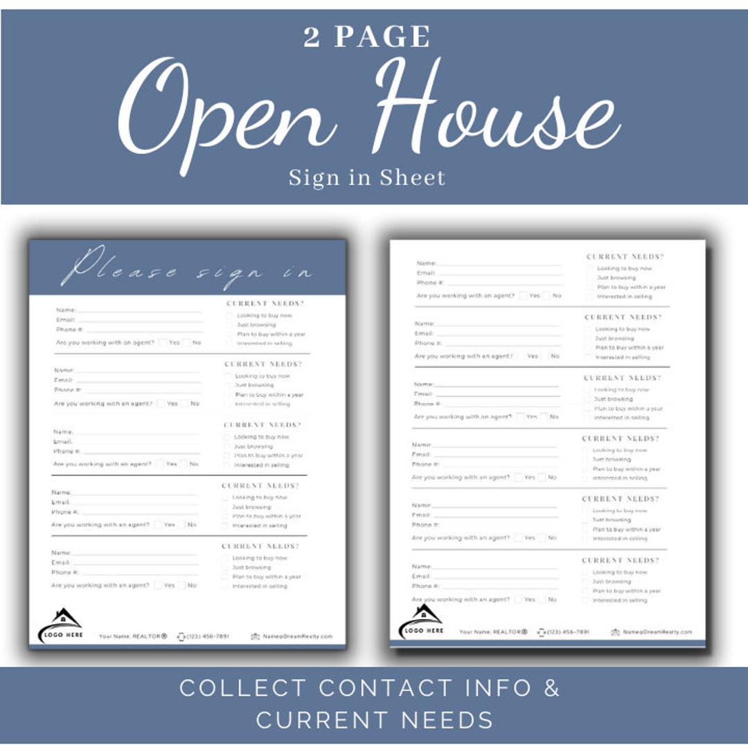 Open House Sign in Sheet Real Estate Open House Sign in Sheet for Real ...