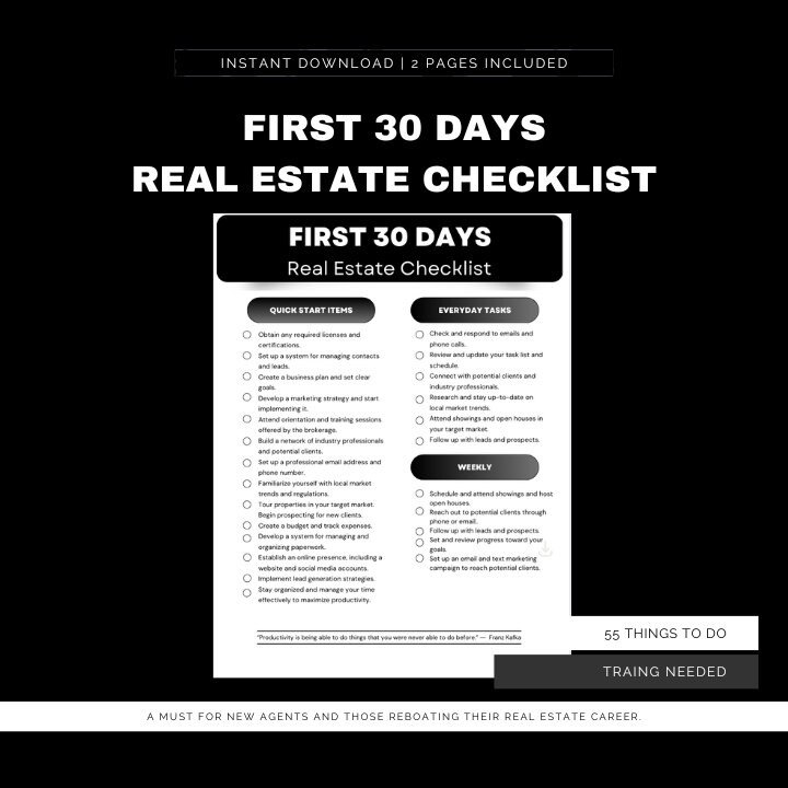 New Agent Checklist First 30 Days Real Estate Checklist for New Agents ...