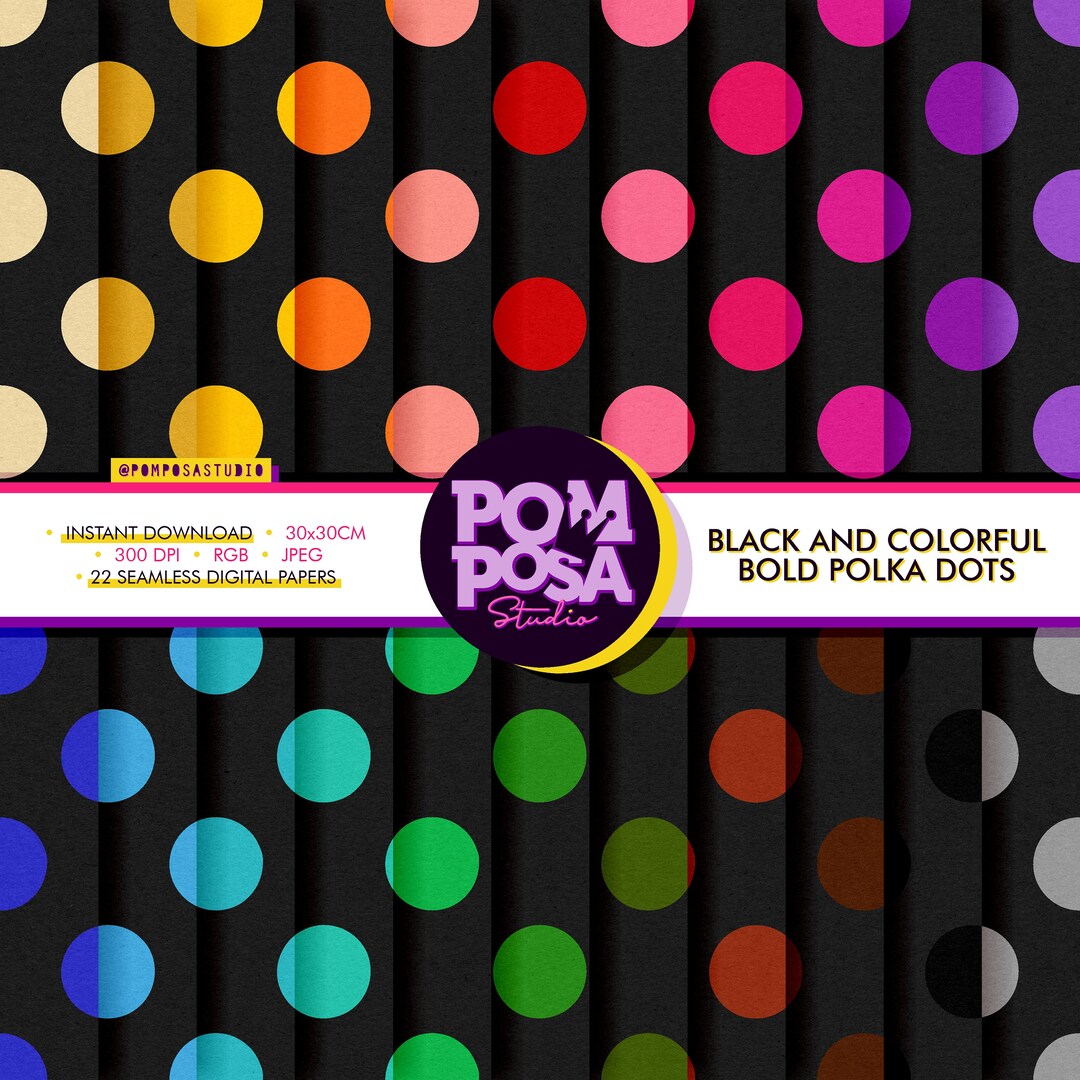 Black and Colorful Bold Polka Dots Digital Paper, SEAMLESSS Polka Dots ...