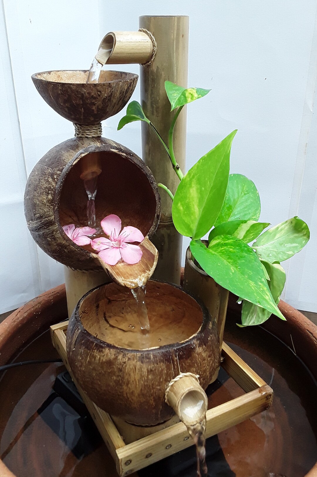 Handmade Coconut Shell Tabletop Fountain - Bamboo Indoor Water Feature ...