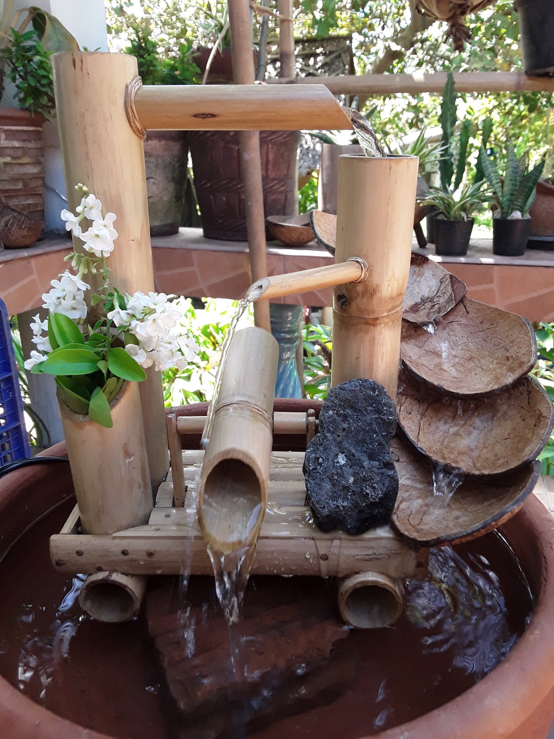 Bamboo Coconut Waterfall Fountain, Black Tourmaline, Indoor Outdoor ...