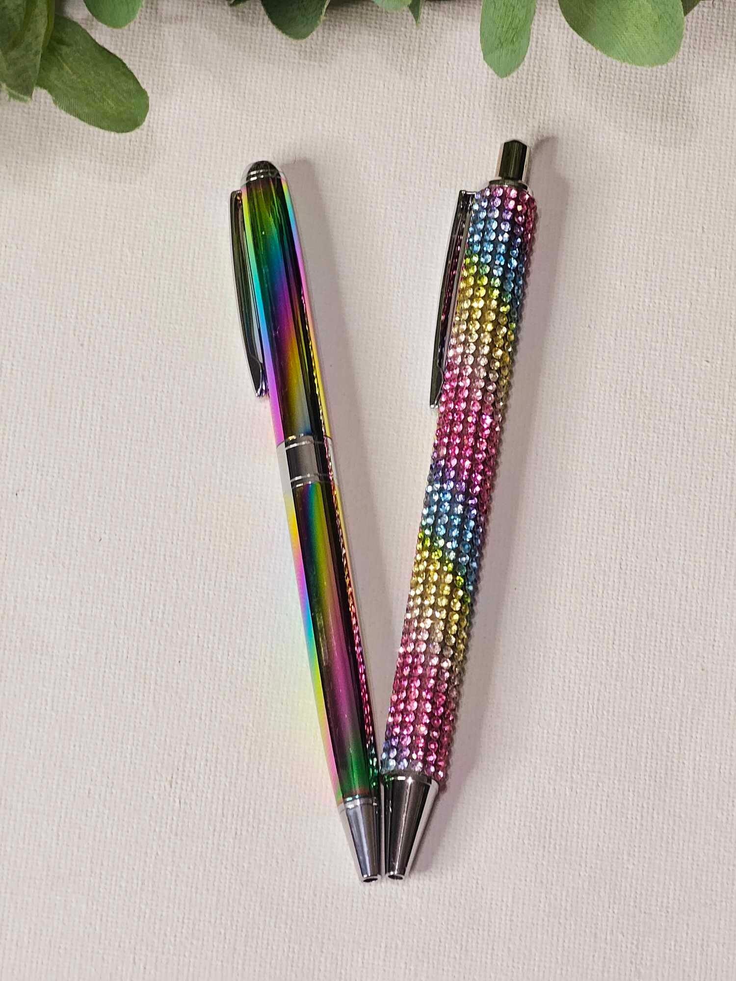 Rainbow Oil Spill & Rhinestone Ballpoint Pen 2 Pack W/ Free Ink Refill ...