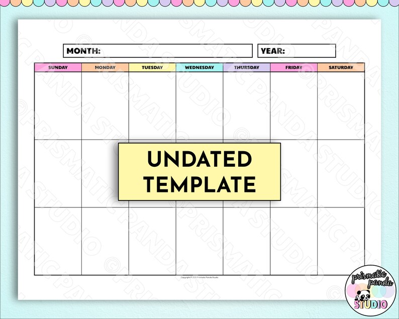 Monthly Calendar Template Undated 2-page Spread Printable Agenda Home ...