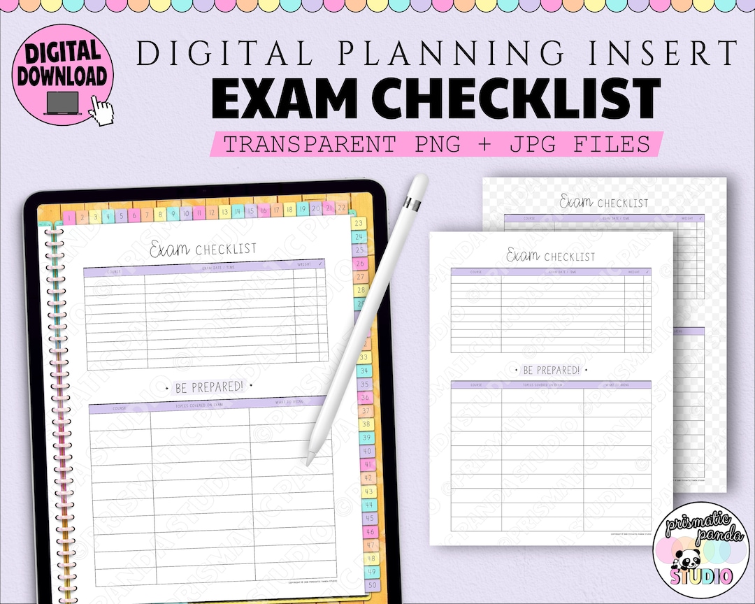 Exam Checklist Digital Insert | Academic Planner Insert | Study ...