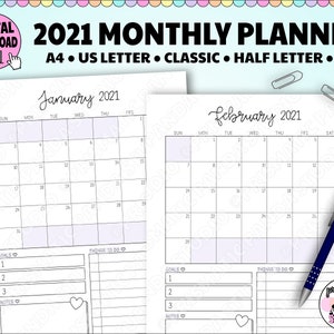 2021 Monthly Planner Printable | Monthly Calendar | Month on 1 Page ...