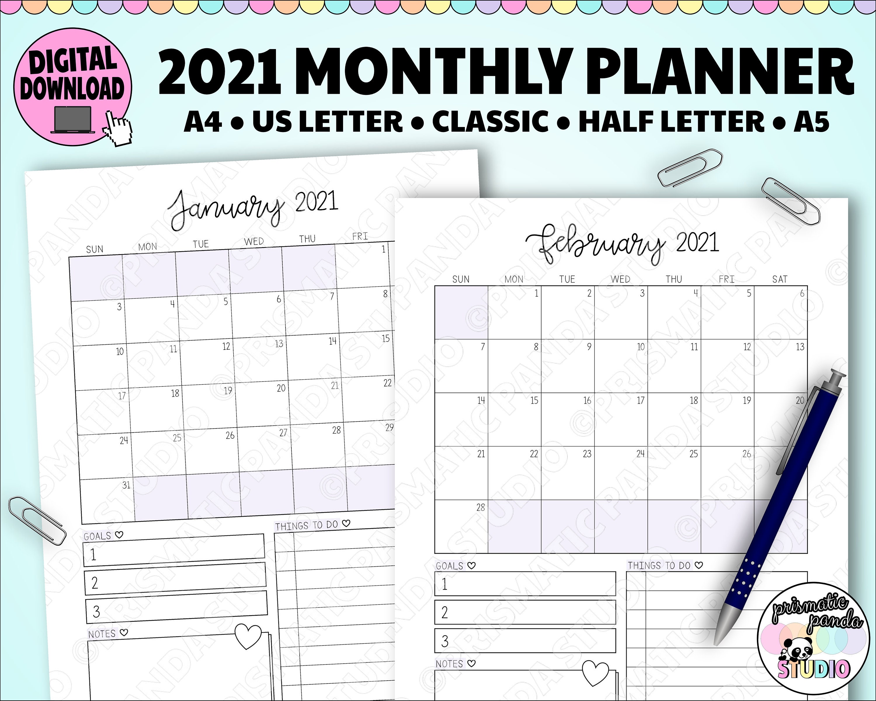 2021 Monthly Planner Printable Monthly Calendar Month on 1 - Etsy