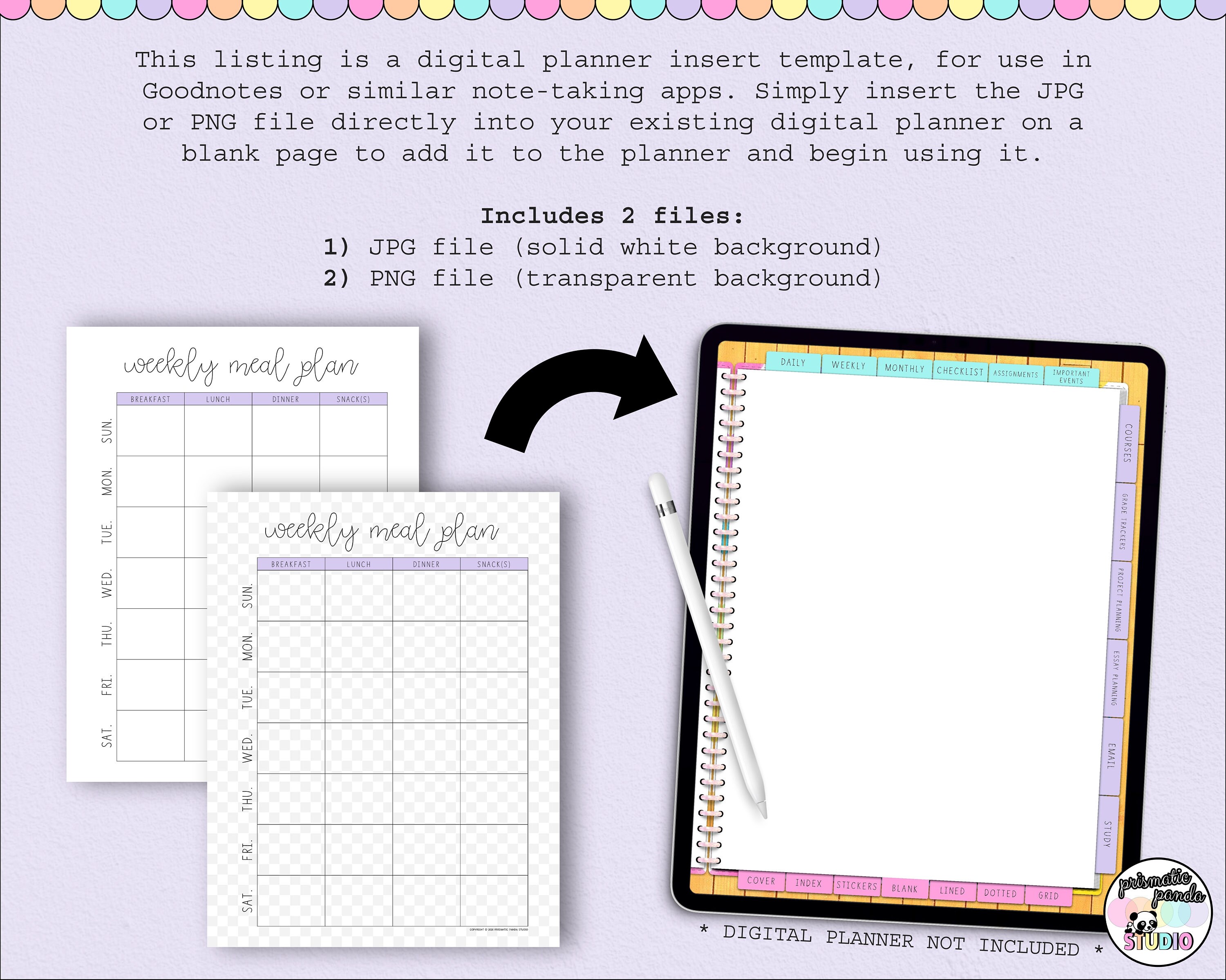 Meal Planner Digital Planner Insert | Meal Prep Template | Weekly Menu ...