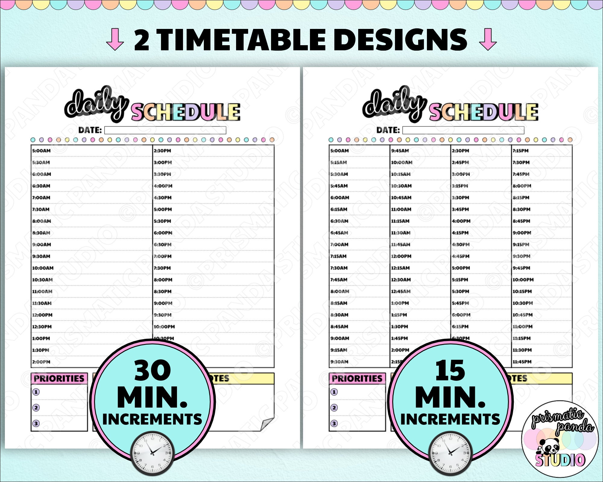 Daily Schedule Printable | 15, 30 Minute Increment Timetable | Colorful ...