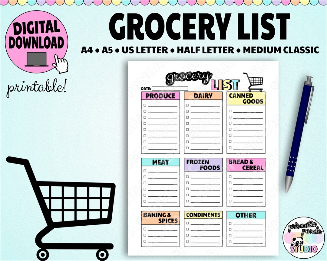 Grocery List | Printable Supermarket Shopping List | Colorful Planner ...