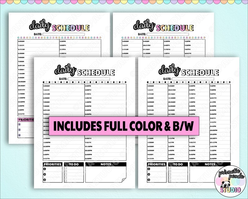 Daily Schedule Printable | 15, 30 Minute Increment Timetable | Colorful ...