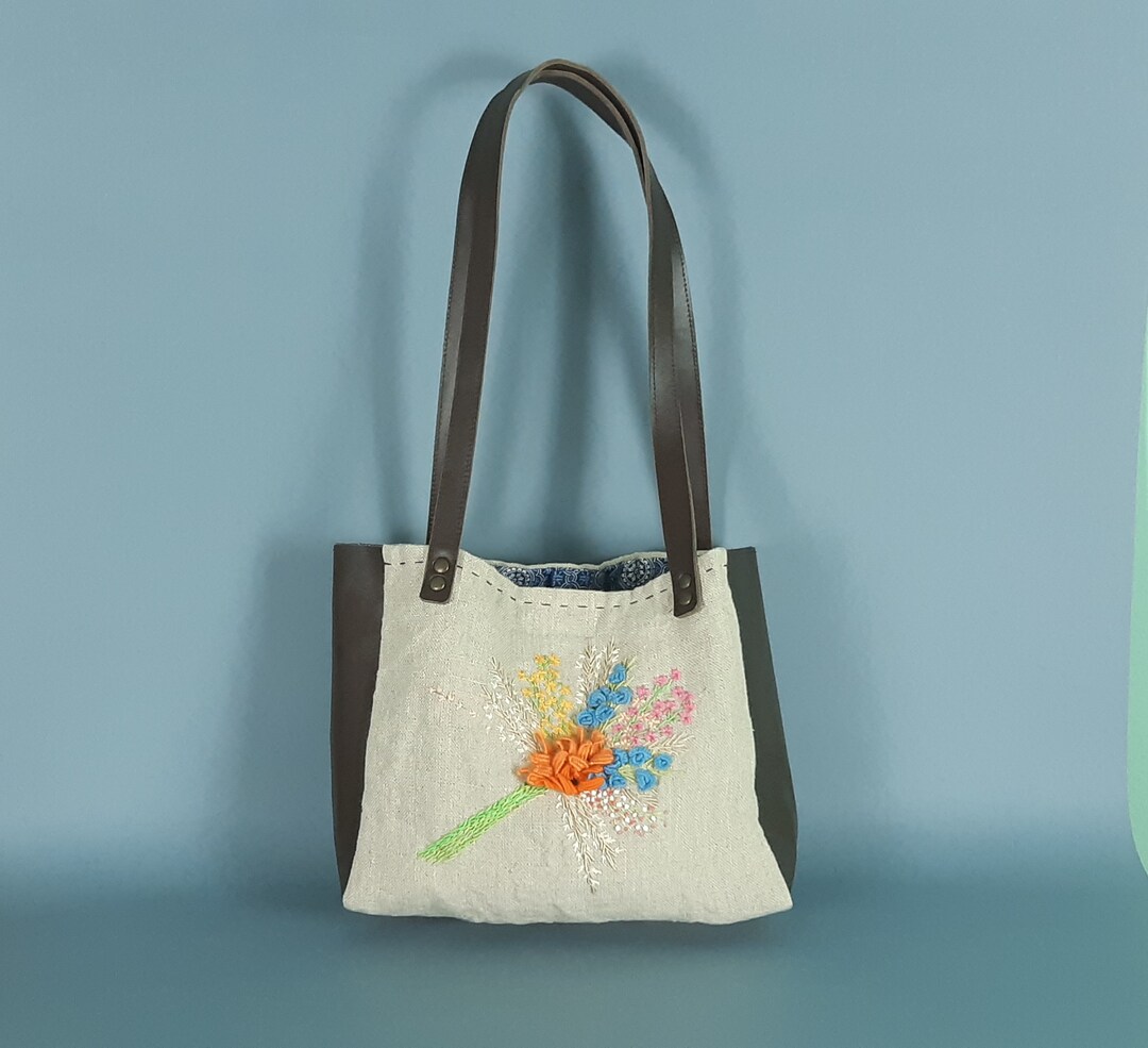 Embroidered Shoulder Bag With Leather Handlesinner Zipper ...