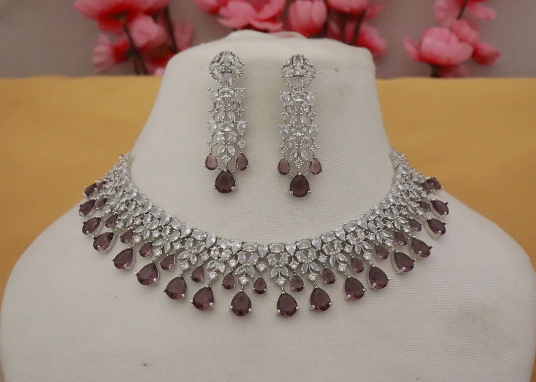 Purple Silver Necklace Earrings Jewelry Set/ Indian Women Necklace ...