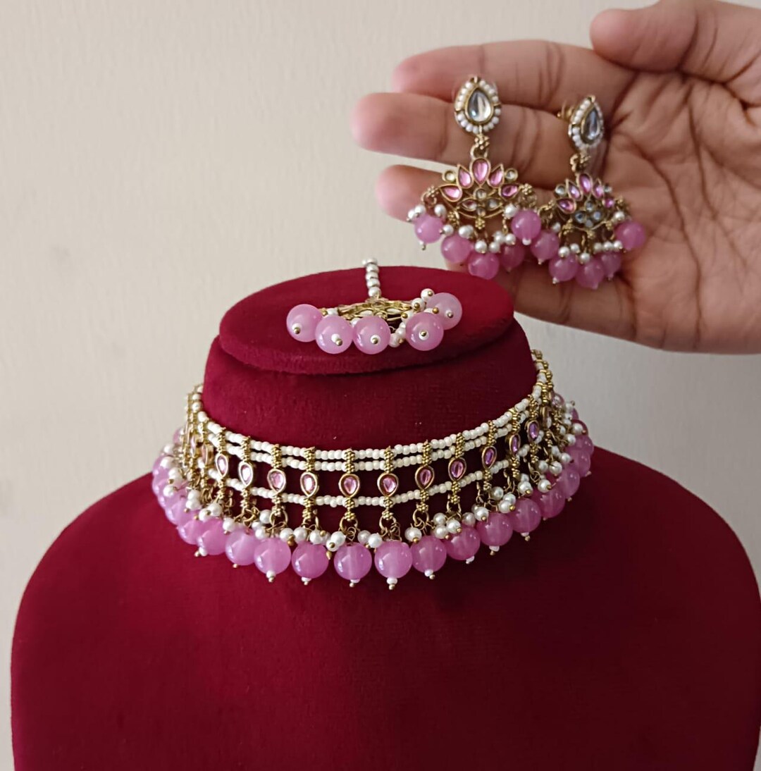 Maya Pink Bridal Choker Necklace Earrings Tikka Jewelry Set| Indian ...