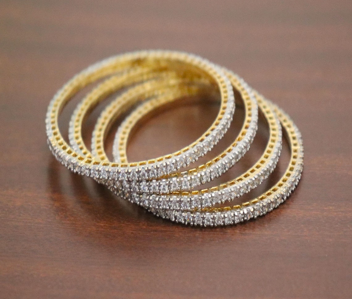 Set of 4 CZ Diamonds Bangles Churiya Bracelets Kadas Silver - Etsy