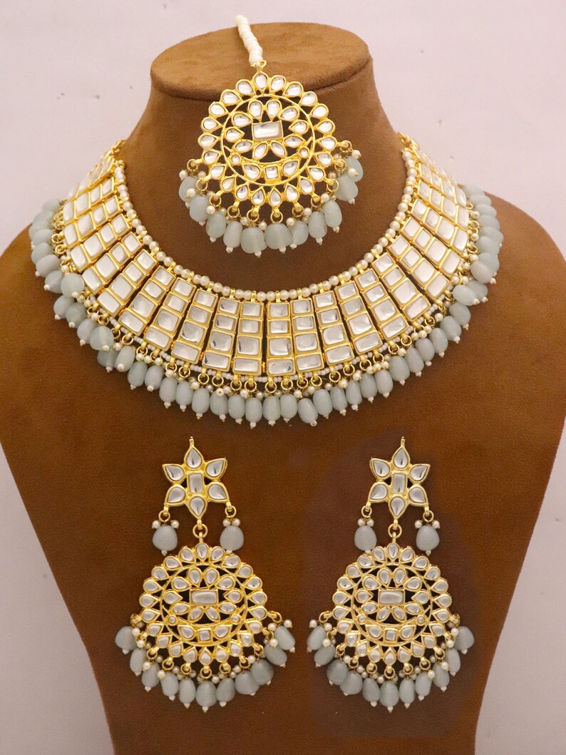 On Sale Heavy Kundan Necklace Earrings Tikka Light Grey Beads - Etsy UK