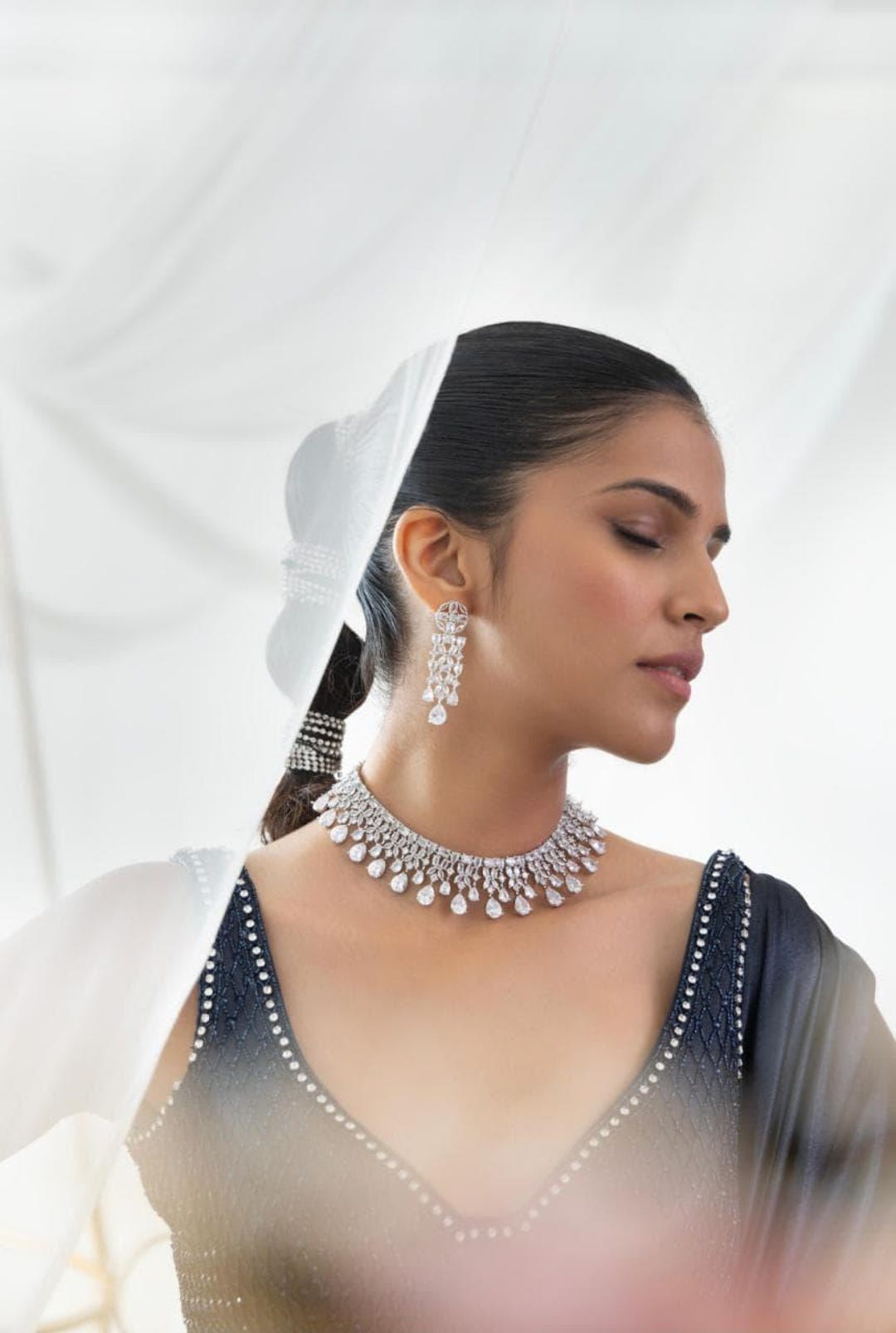 CZ Diamond Bridal Jewelry Set: Silver June Choker Necklace & Earrings ...