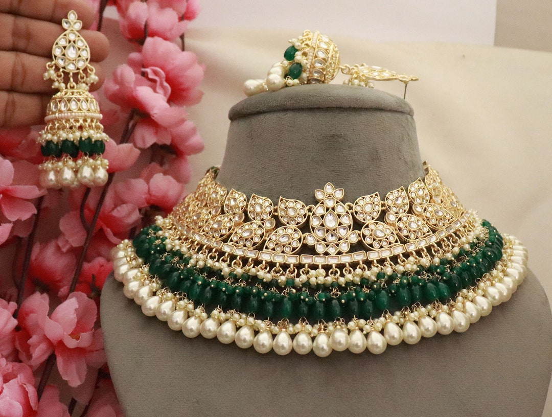 Dark Green Kundan Bridal Jewelry Set, Premium Designer Necklace Set ...