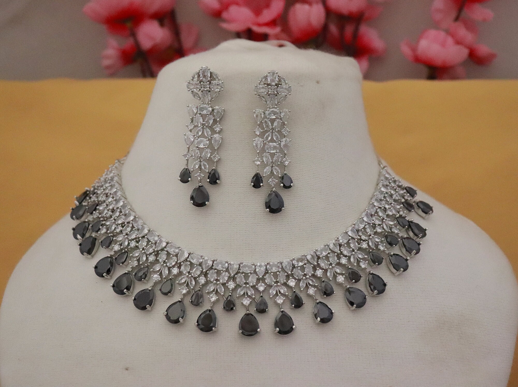 indiankundanjewelry Purple Silver Necklace Earrings Jewelry Set Indian Women Necklace Earrings Set Indian Bridal Necklace Set Rodo Light Stones Necklace Set
