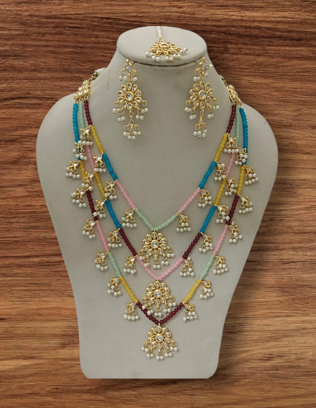 3 Layers Multi Beads Pearl Indian Jewelry Set: Gold Plated Wedding ...