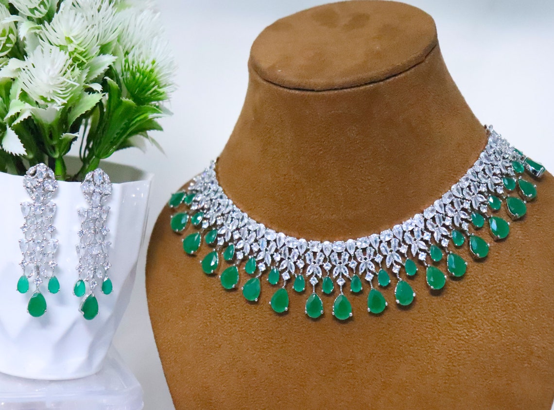 CZ Diamonds Emerald Necklace Earrings Set Bridal Necklace - Etsy