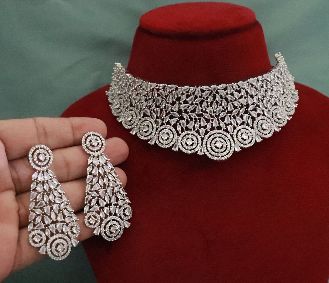 CZ Diamonds Choker Necklace Earrings Set/ Bridal Necklace Earrings ...