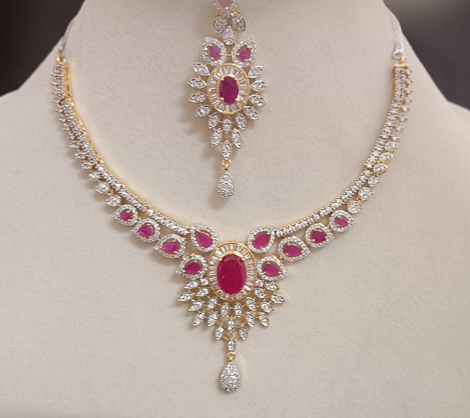 CZ Diamond Ruby Indian Jewelry Set: Silver/gold Plated Bridal Necklace ...