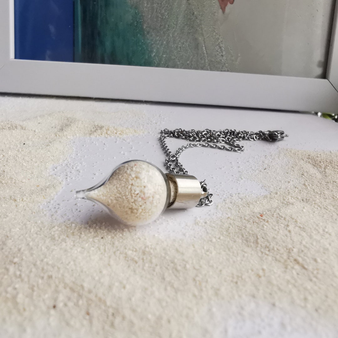 Maldivien White Sand Teardrop Pendant, Stainless Steel Chain, Glass ...