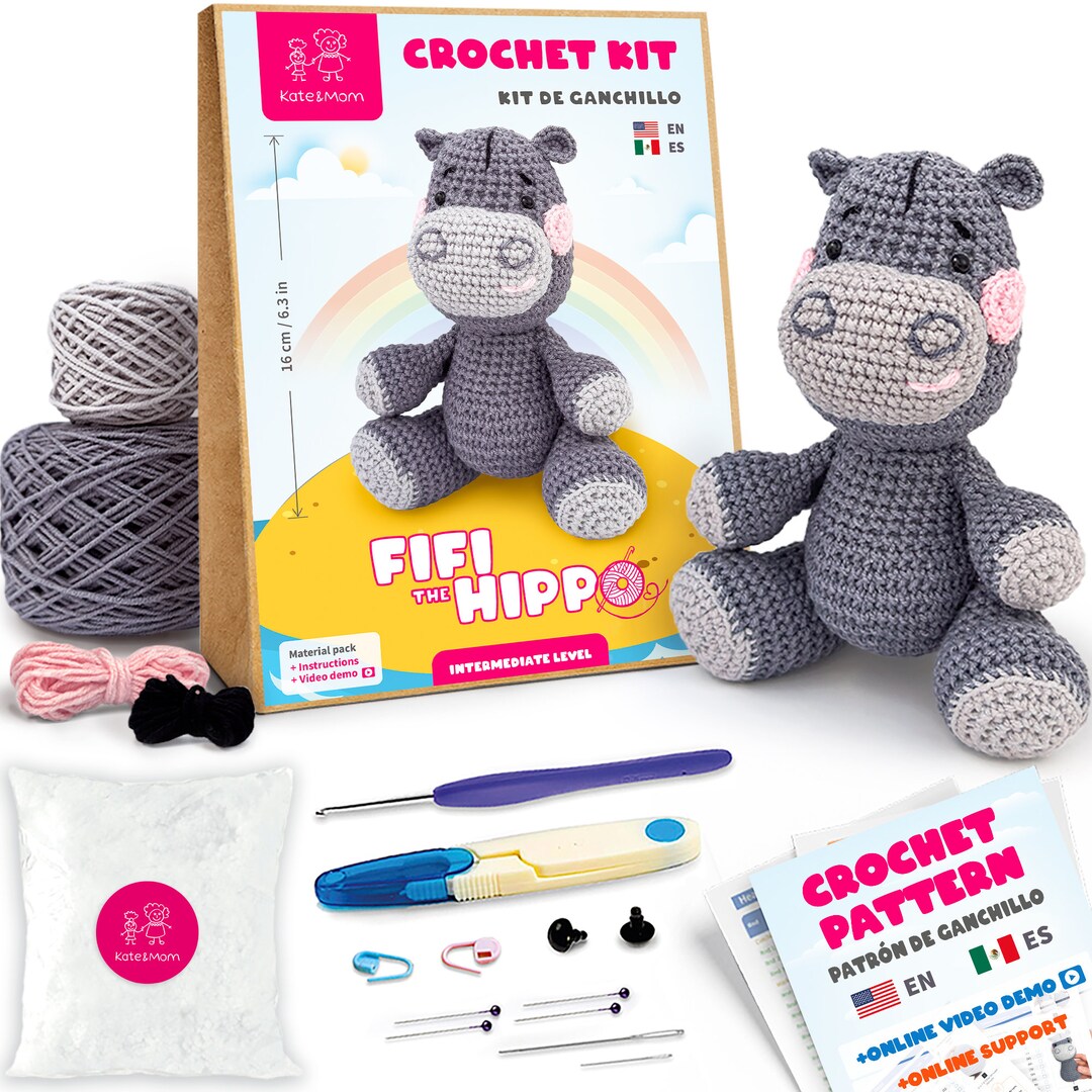 Little Hippo Crochet Kit, Printed Pattern USA/ES Terms, Hook, Yarn ...