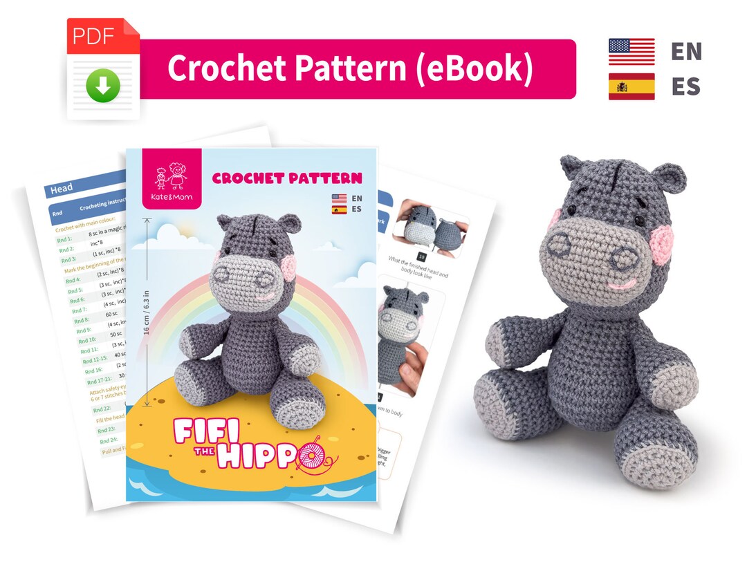 Little Hippo Crochet PATTERN Pdf, Grey Hippopotamus Amigurumi Crochet ...