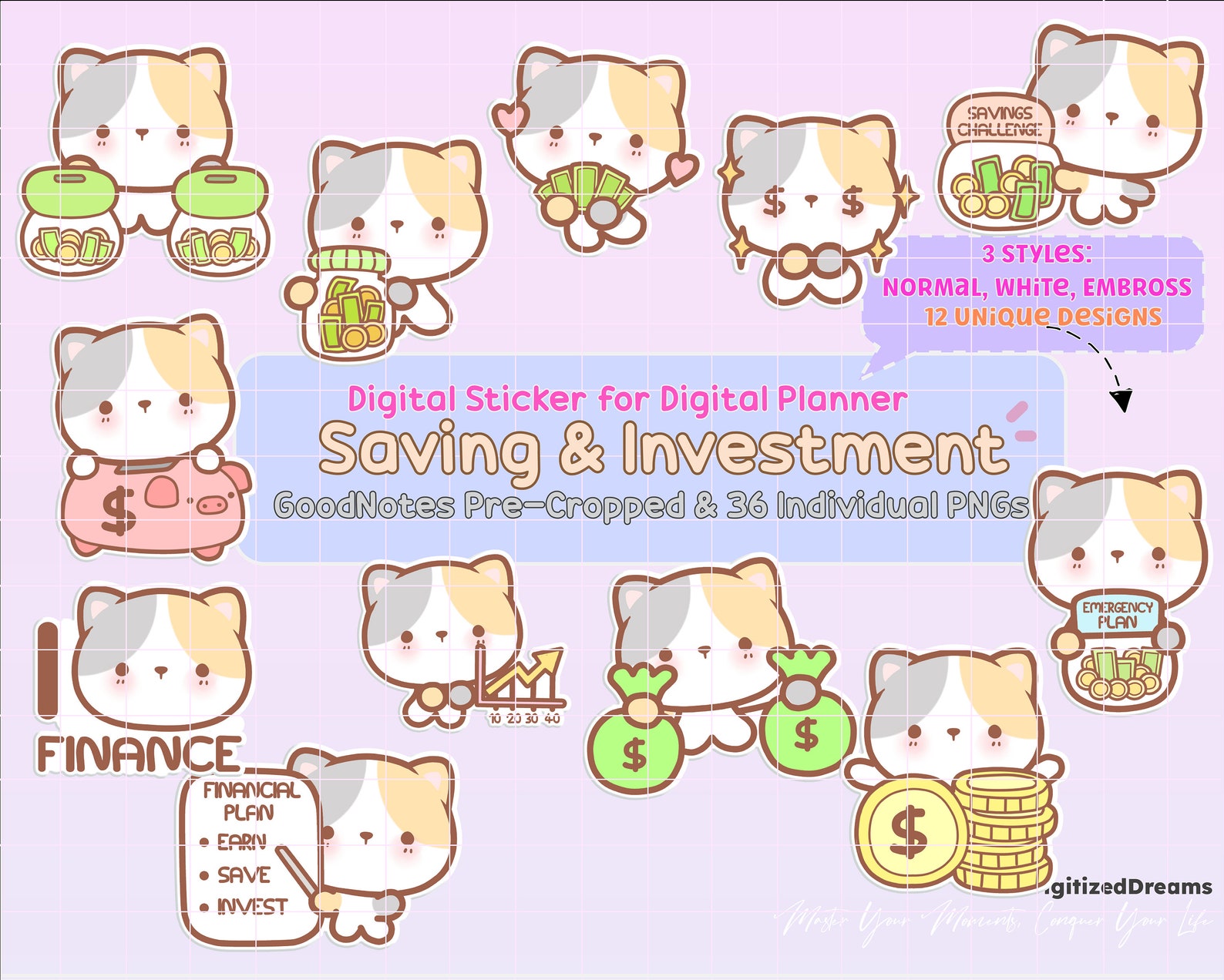 Kitty Cat Budget Digital Sticker Pack, Money Planner Stickers, Saving ...