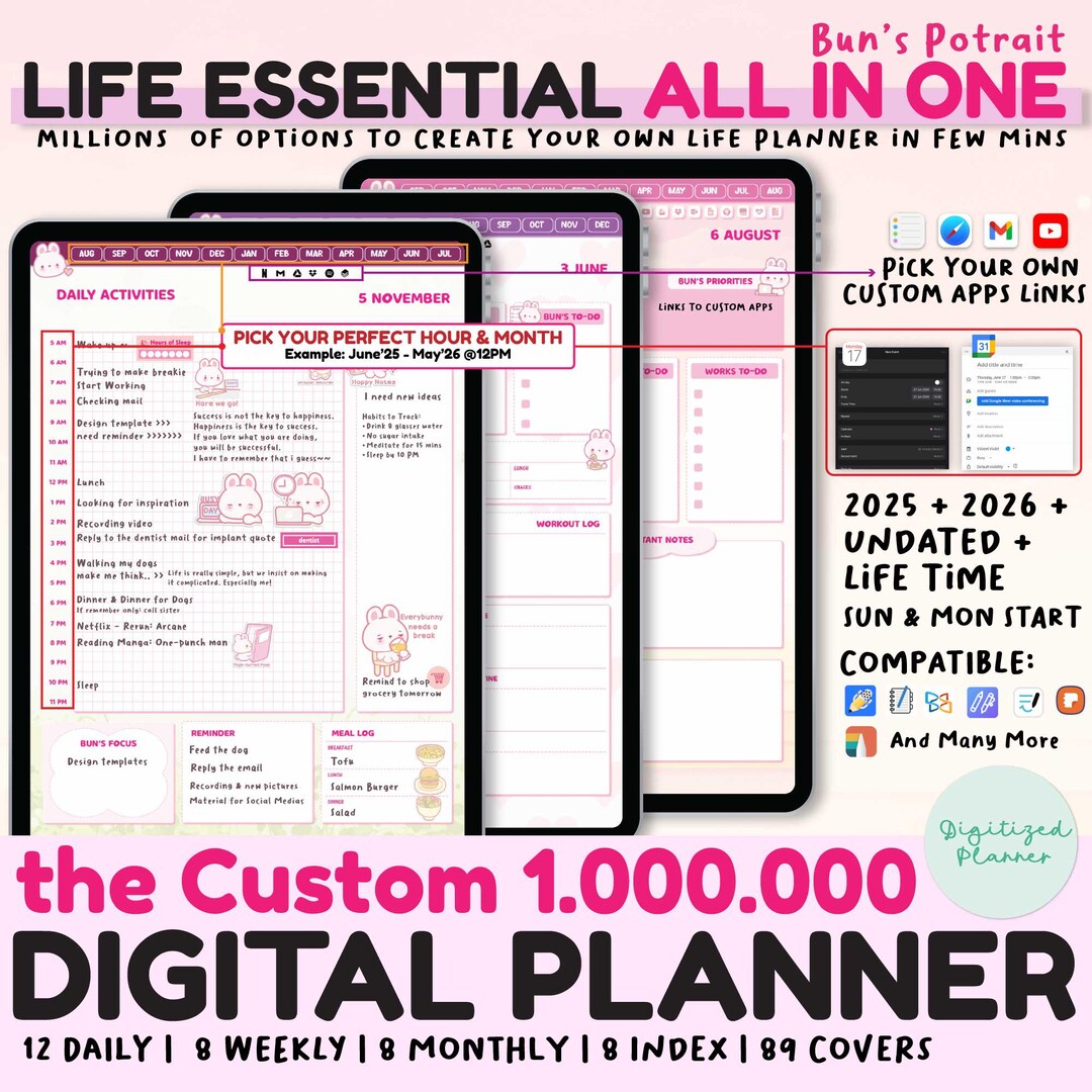 Pastel Bunny Pink Digital Planner 2025 2026 Custom Goodnotes iPad ...