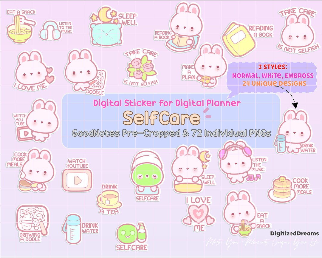 Bunny Self-care Digital Stickers: Goodnotes Planner, Pre-cropped Pngs ...