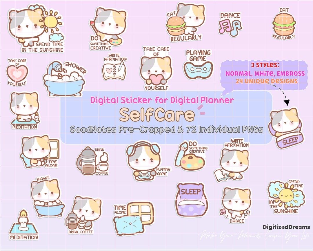 Kitty Cat Self-care Digital Sticker Pack, Goodnotes Sticker, iPad ...