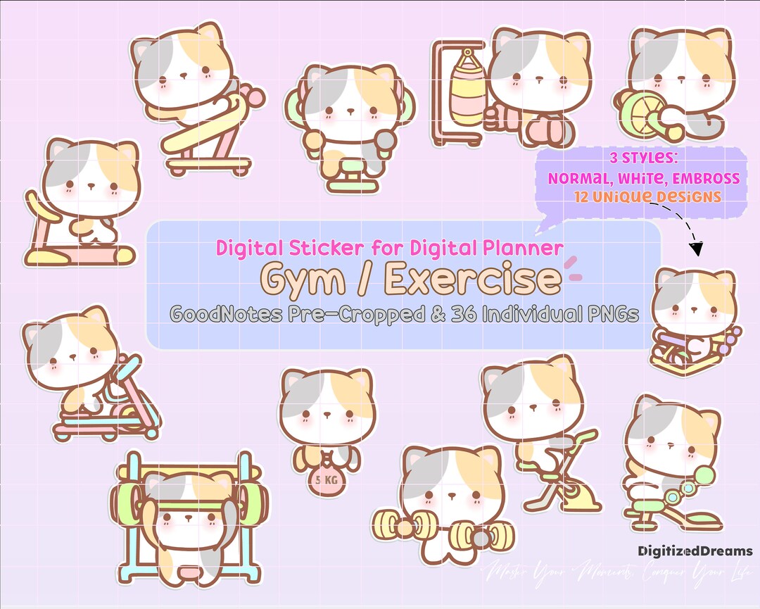 Kitty Cat Gym Digital Stickers Pack, Goodnotes Pre-cropped Png, Digital ...