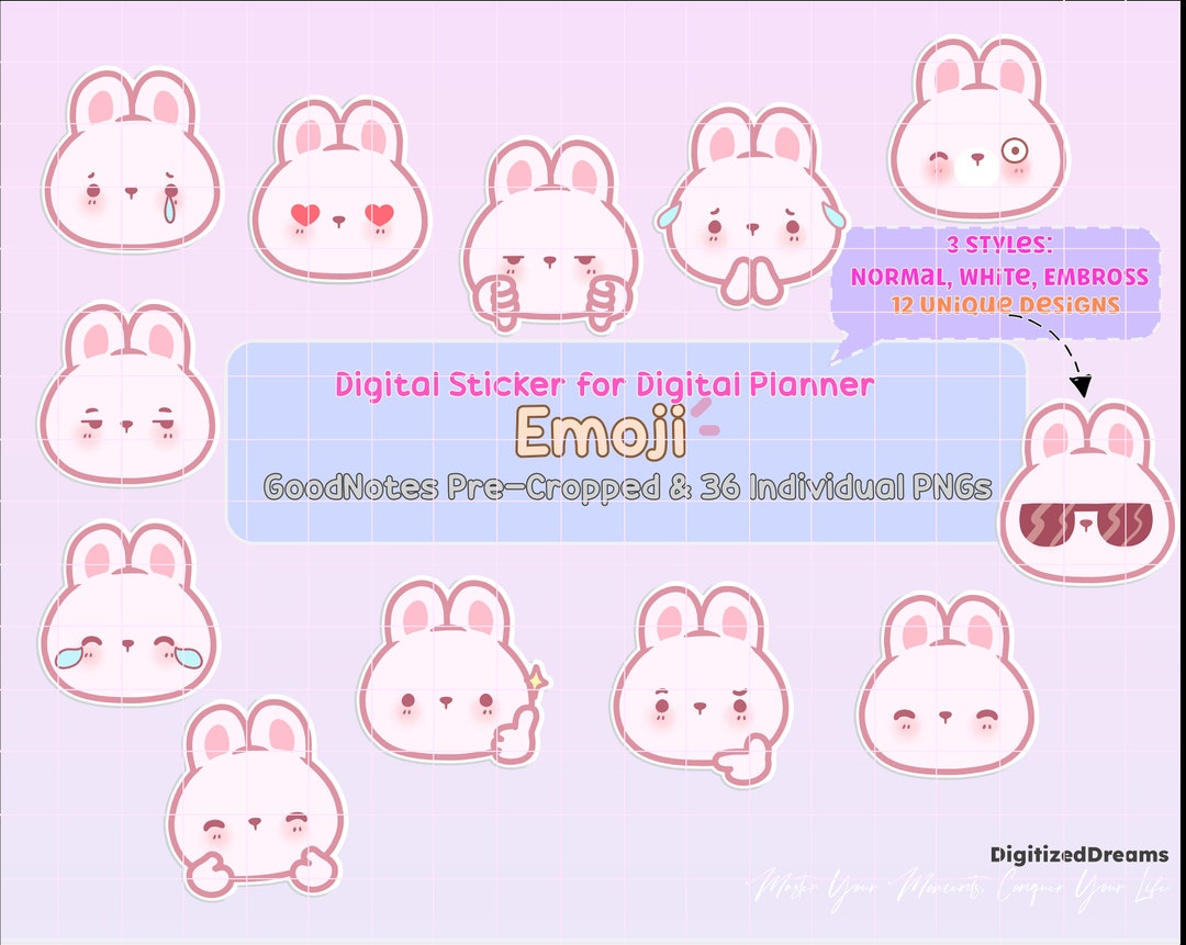 Bunny Emoji Digital Sticker Pack, Goodnotes Pre-cropped Png, iPad ...